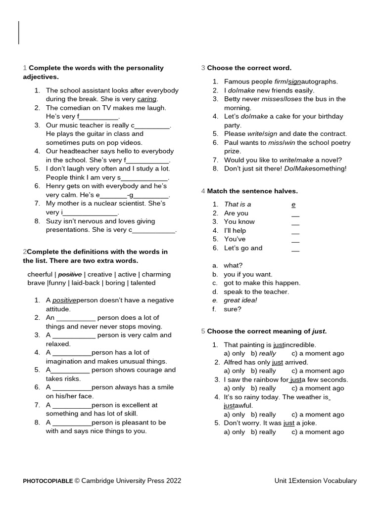 10 worksheet Unit 1 Vocabulary 1 (1) | PDF