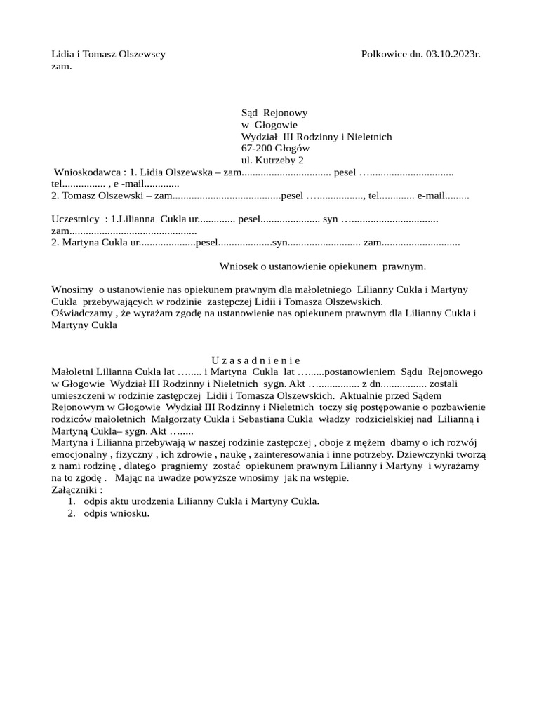 Wniosek o Ustanowienie Opiekunem Prawnym | PDF