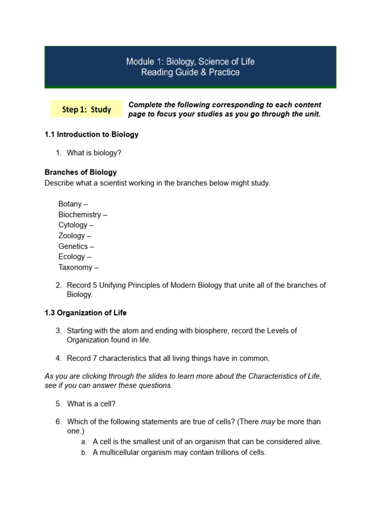 Unit 1 Reading Guide & Practice | PDF | Biology | Nature