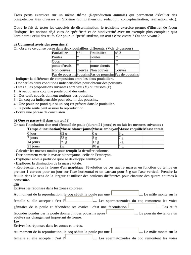 Exercices sur la reproduction des poules | PDF | Poulet | la reproduction