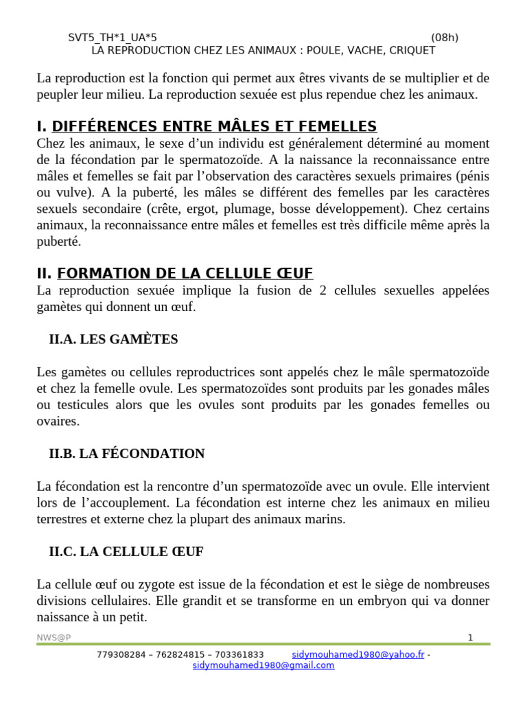 Reproduction animale : poule, vache, criquet | PDF | Fécondation ...