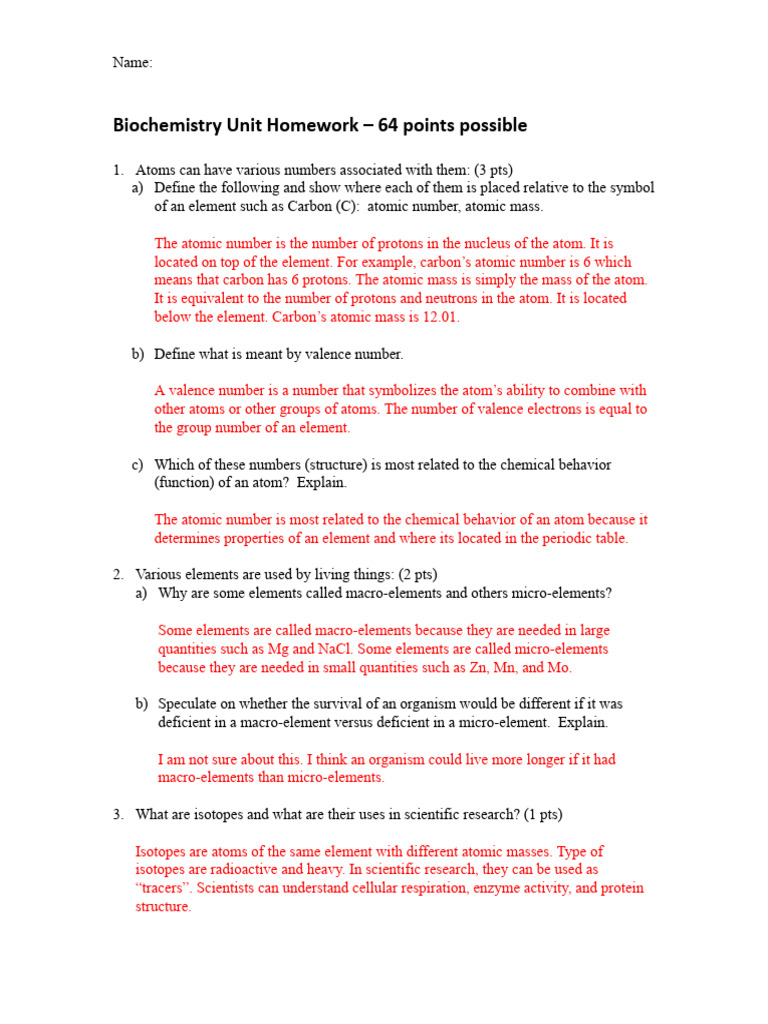Biochemistry Homework: Atoms, Bonds, and Water | PDF | Chemical ...