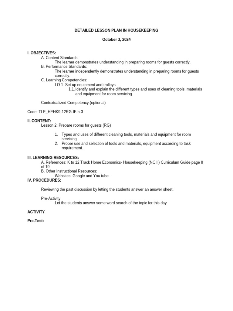 DETAILED LESSON PLAN IN HOUSEKEEPING october 3 2024 | PDF | Lesson Plan ...
