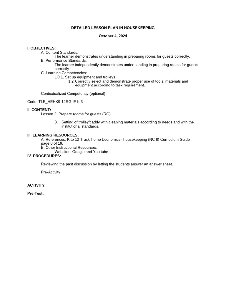 DETAILED LESSON PLAN IN HOUSEKEEPING October 4, 2024 | PDF | Vacuum Cleaner