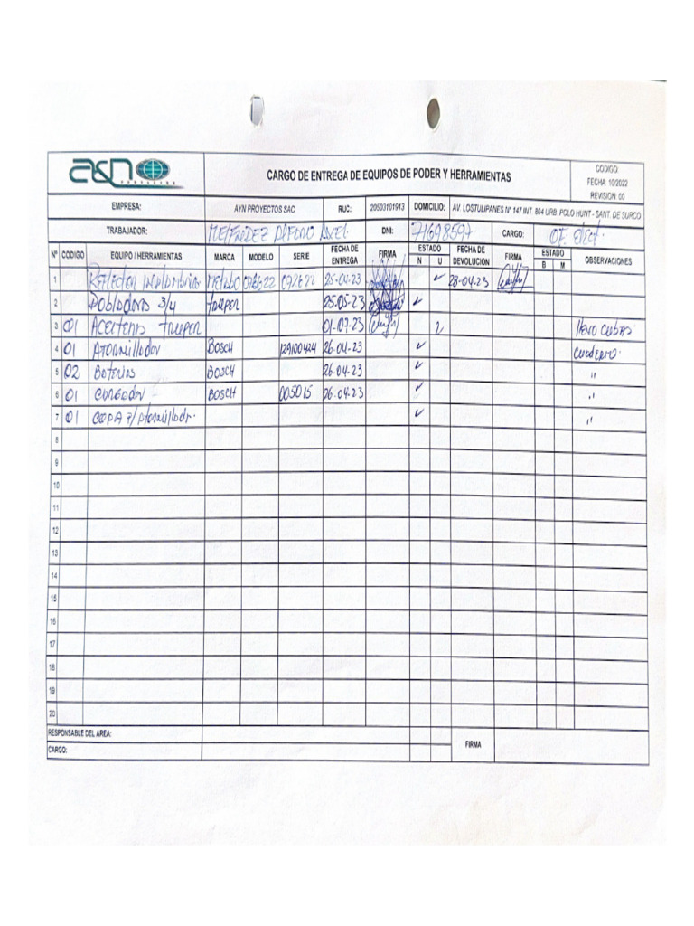 Cargo de Entrega de Equipos de Poder y Herramientas | PDF