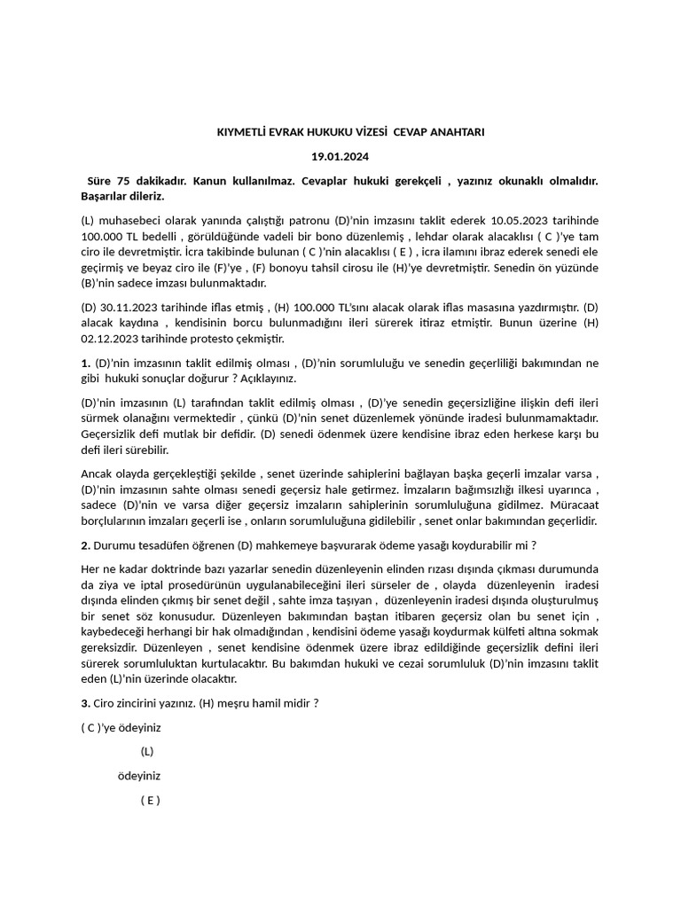 Kıymetli Evrak Vize Sorusu Cevap Anahtarı 19.01.2024 | PDF