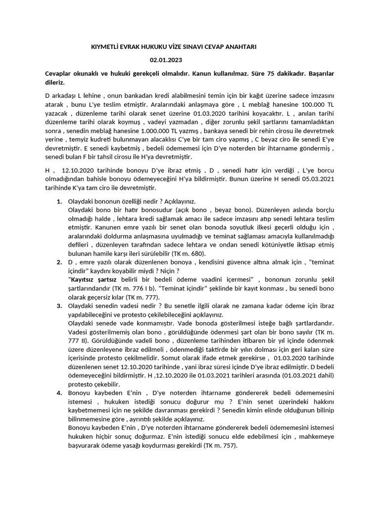 Kıymetli Evrak Hukuku Vize Sınav Sorusu Cevap Anahtarı | PDF