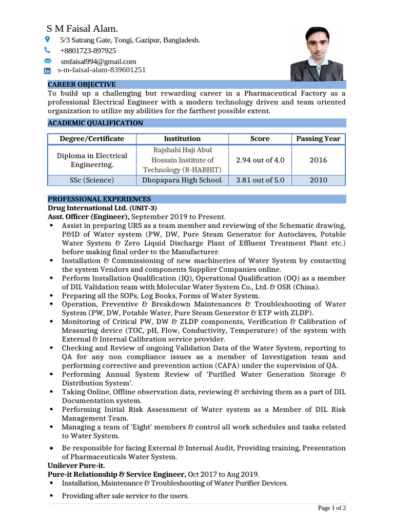Resume of Engr. S M Faisal Alam | PDF | Verification And Validation