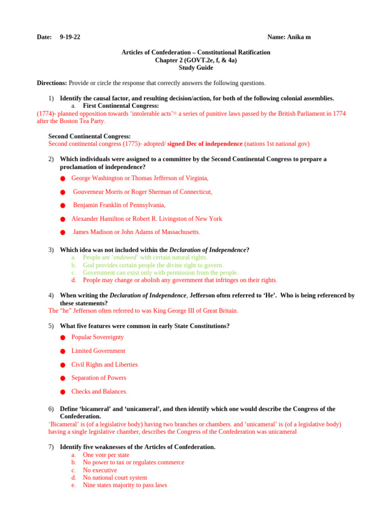 Articles of Confederation Study Guide | PDF | Continental Congress ...