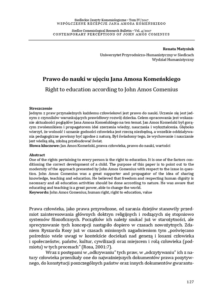 Prawo Do Nauki W Ujęciu Jana Amosa Komeńskiego: Right To Education ...