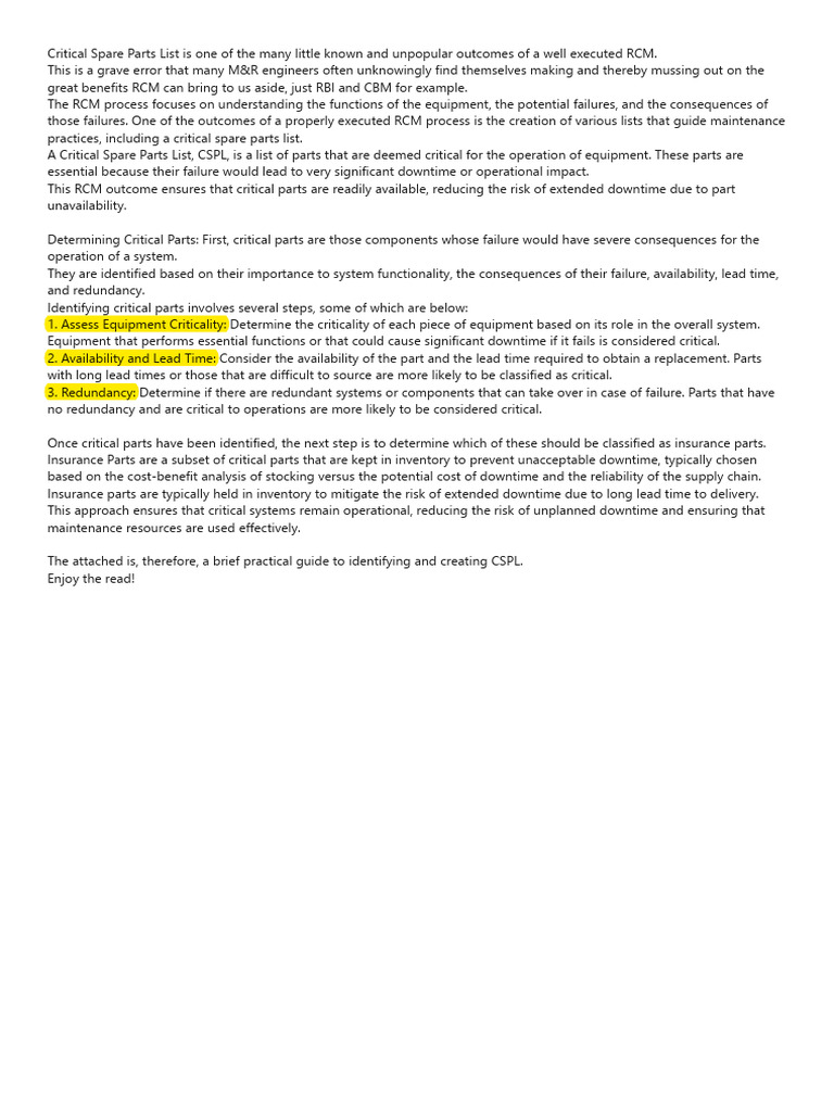 Spare Parts List Criticity Assesment Process | PDF | Reliability ...