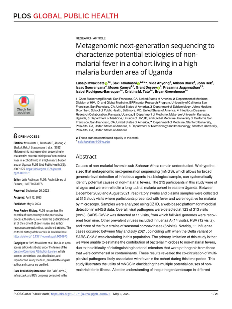 MNGS Uganda Malaria | PDF | Health Sciences | Life Sciences