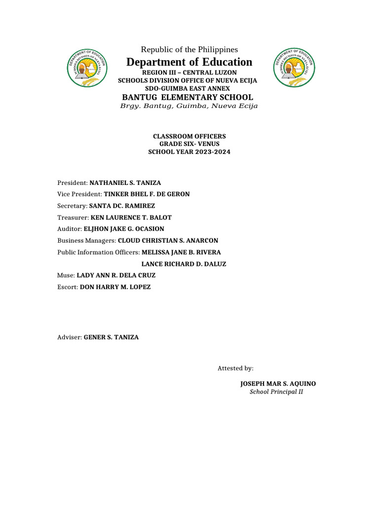 Class - Homeroom-Officers-Grade 6-Venus | PDF