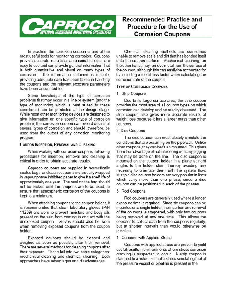 Caproco Corrosion Coupon Recommended-Practice-Procedure | PDF ...