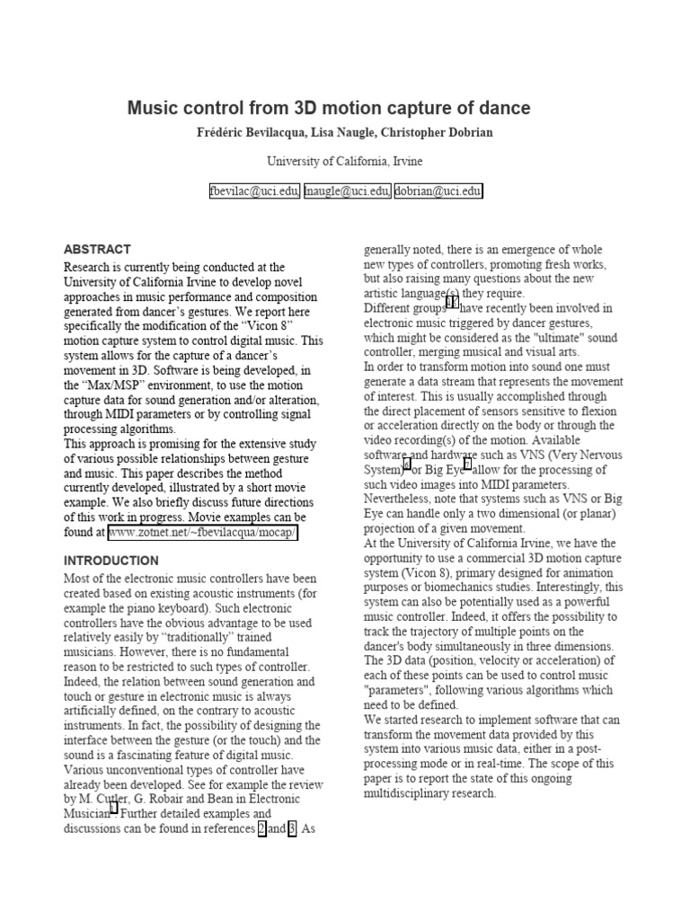 Music Control From 3D Motion Capture of Dance | PDF | Computing