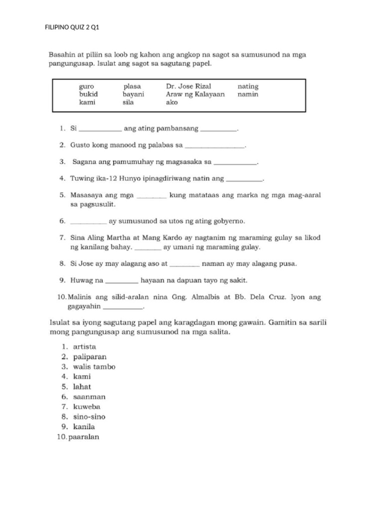 Filipino Quiz 2 q1 | PDF