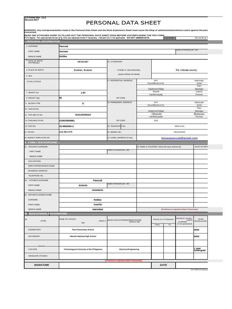 Cs Form No. 212 Revised Personal Data Sheet - New | PDF | Justice ...