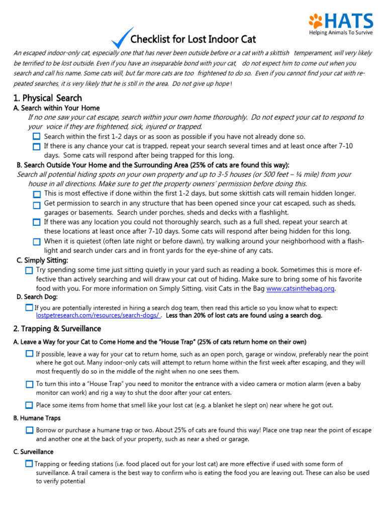 lost cat checklist | PDF | Surveillance | Cats