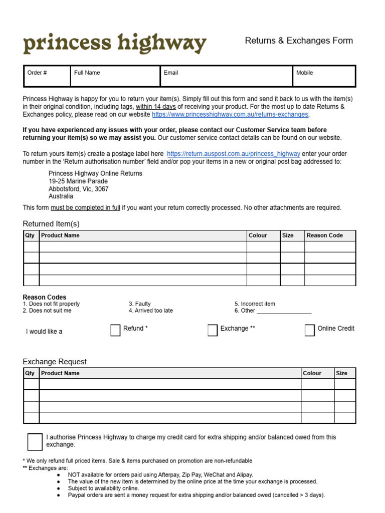 Princess Highway Returns & Exchanges Guide | PDF | Business