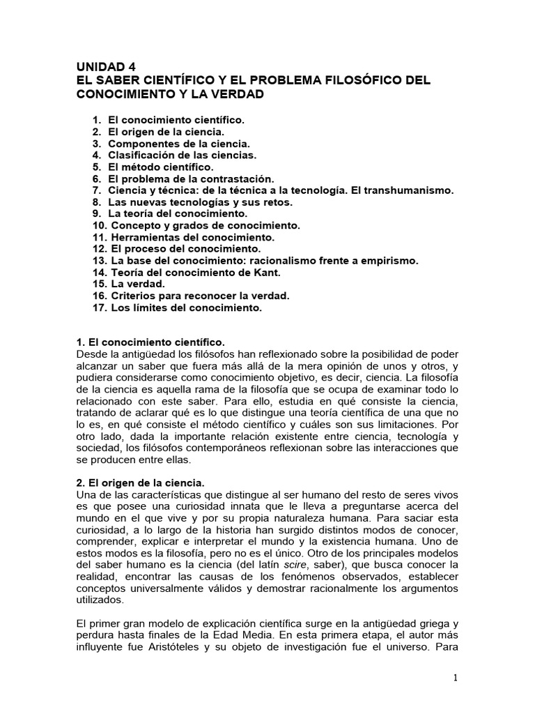 Unidad 4. El Saber Científico y El Problema Filosófico Del Conocimiento y La Verdad | PDF ...