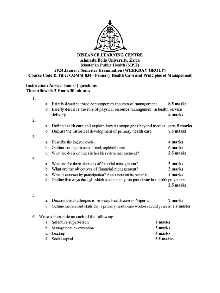 5 Diff PQs For 834 PHC and Management | PDF