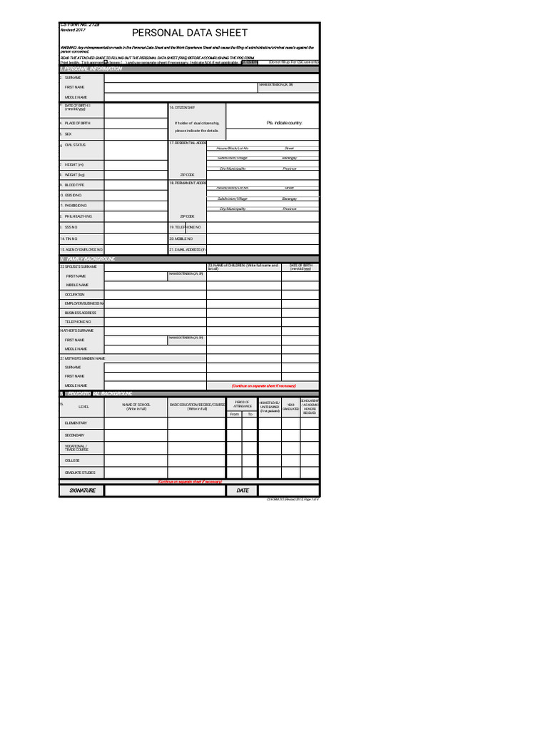 CS Form No. 212 Personal Data Sheet Revised | PDF | Passport | Justice