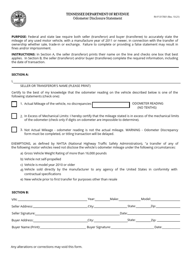 Tennessee Odometer Disclosure Form | PDF | National Highway Traffic ...