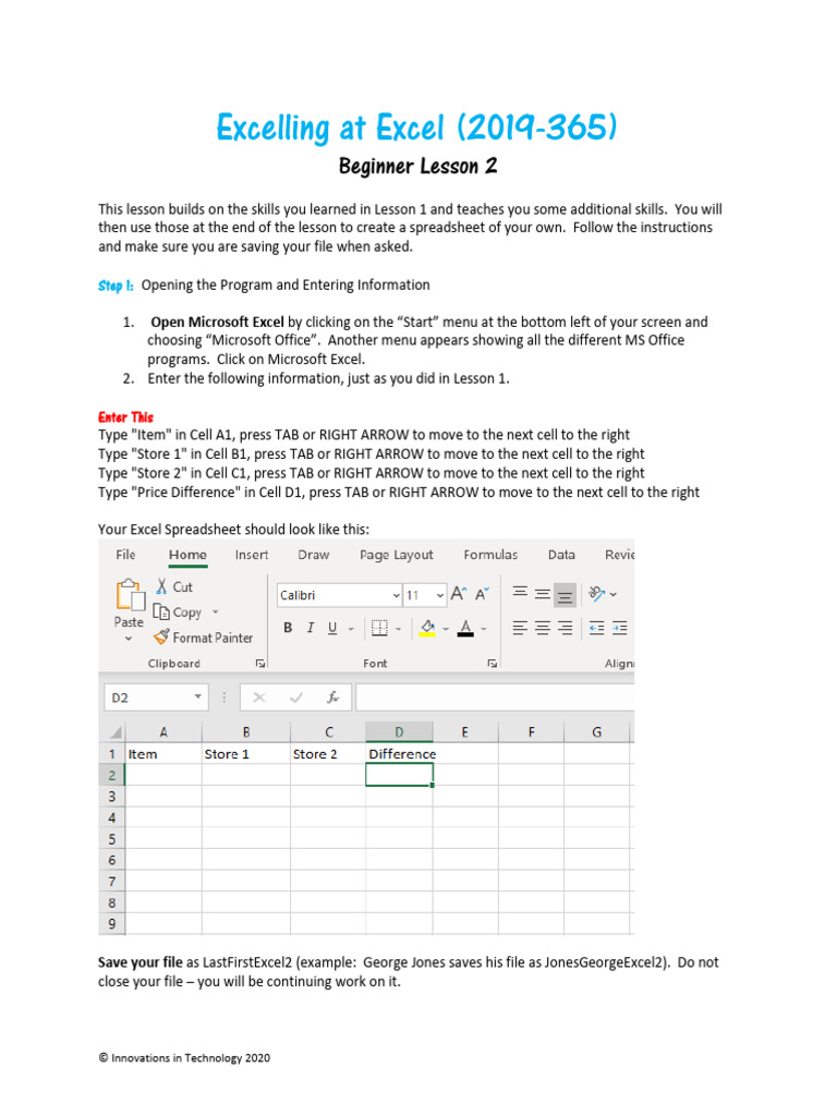 Excel Beginner Lesson 2 - v2019-365 | PDF | Spreadsheet | Microsoft Excel