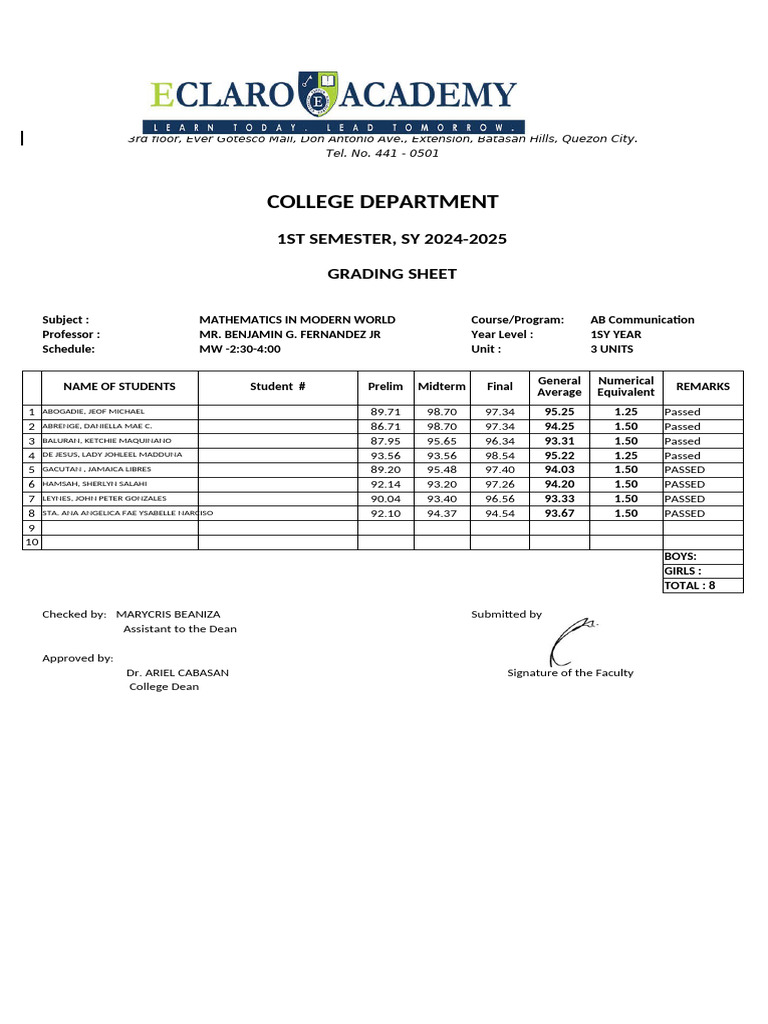 MATH GRADESHEET FINAL | PDF