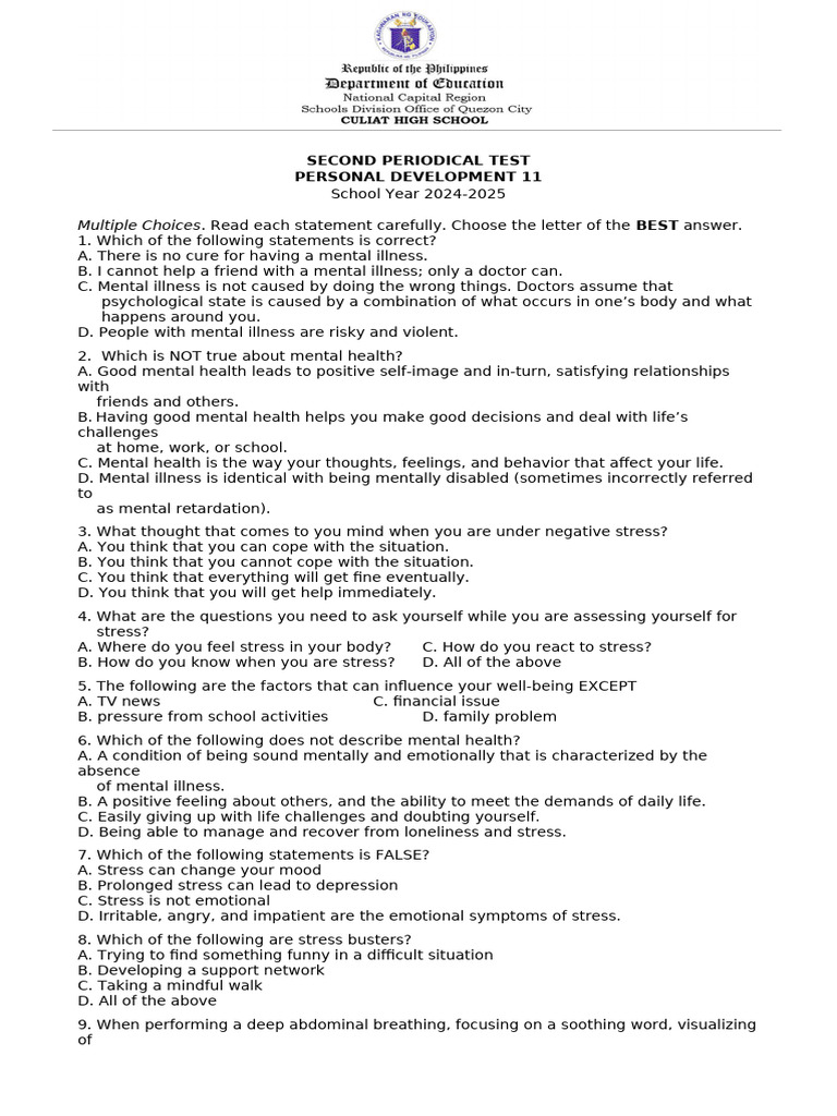 Personal Development Test 2024 | PDF | Stress (Biology) | Self Esteem