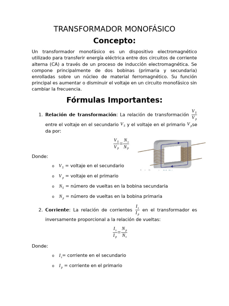 TRANSFORMADOR MONOFÁSICO | PDF | Transformador | Corriente eléctrica
