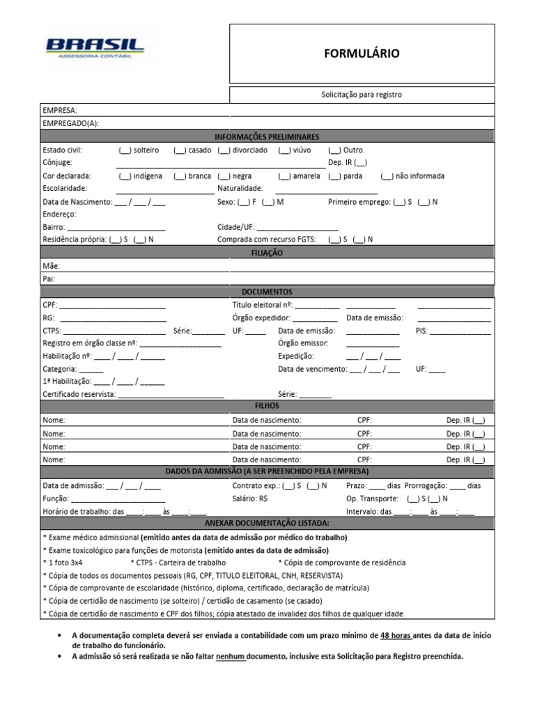 FORMULÁRIO ADMISSÃO | PDF | Brasil | Governo e personalidade