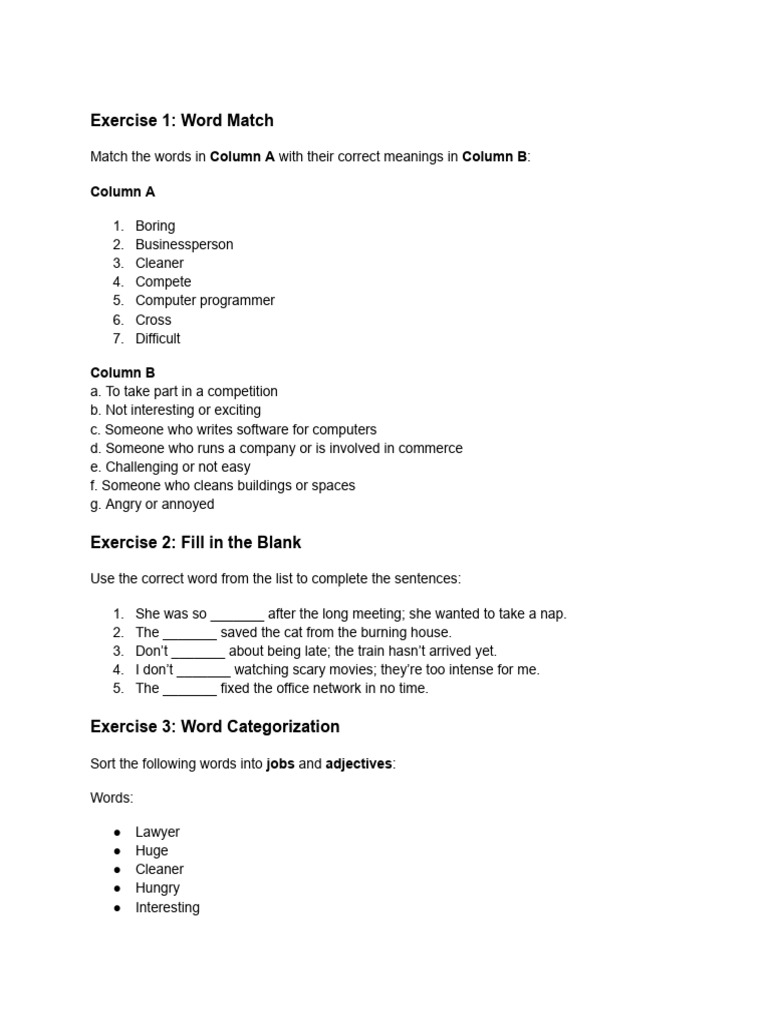 Vocabulary Exercises for Job Terms | PDF