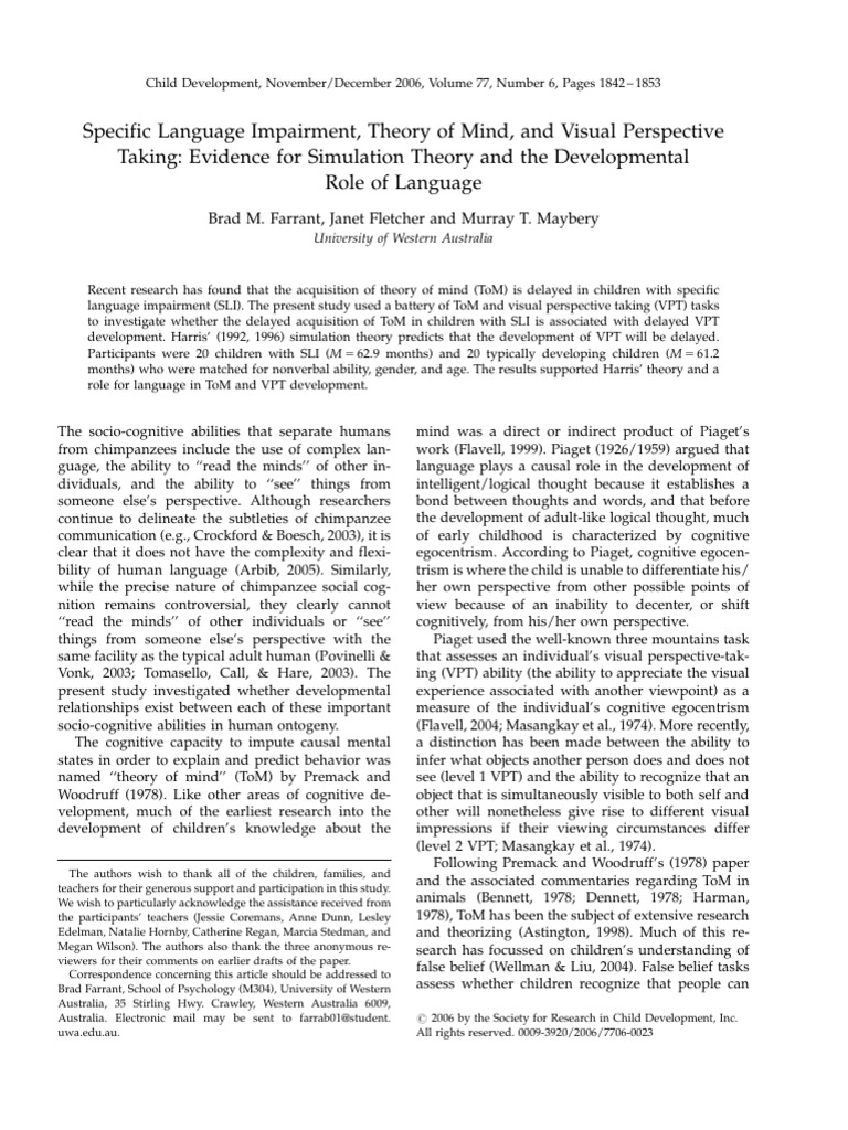 Specific Language Impairment, Theory of Mind, and Visual Perspective ...