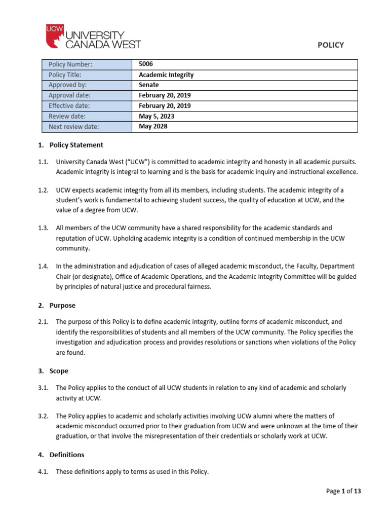 UCW Academic Integrity Policy Overview | PDF | Academic Dishonesty ...