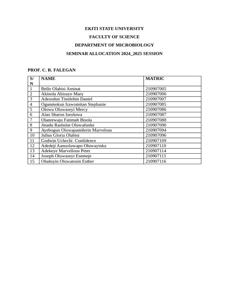 Microbiology Seminar Allocation 2024 | PDF