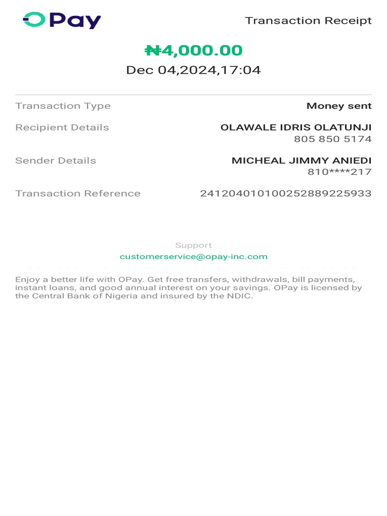 OPay Transaction Receipt Details | PDF