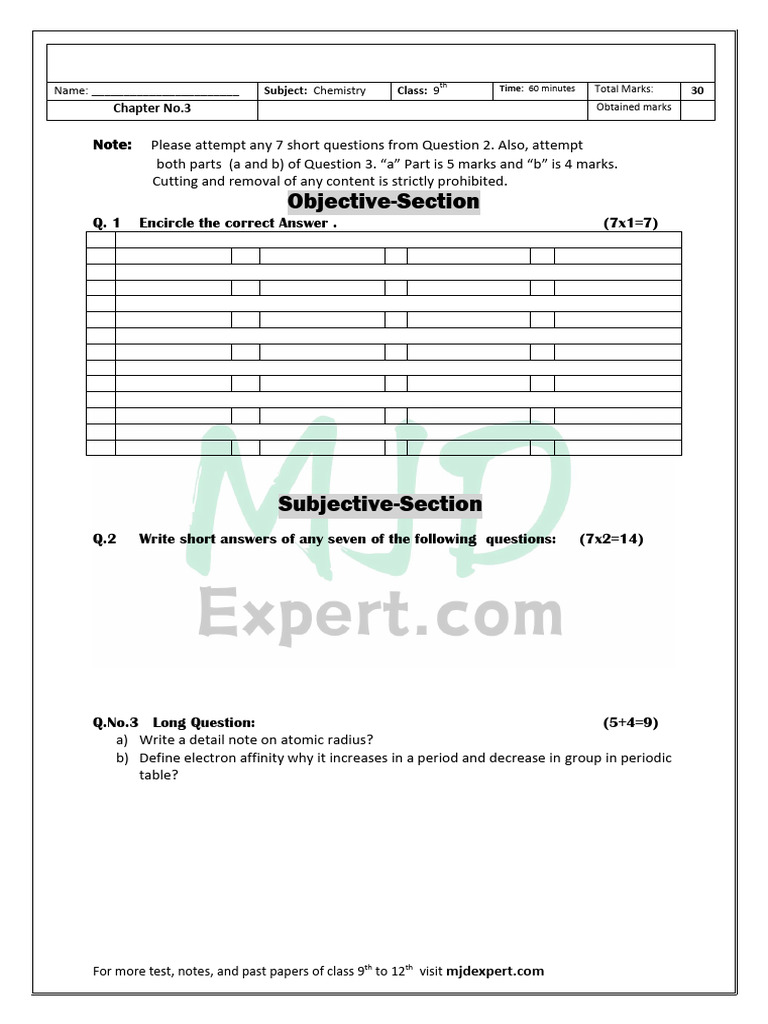 Ch3 9th Class Chemistry 30 Marks | PDF | Periodic Table | Sets Of ...