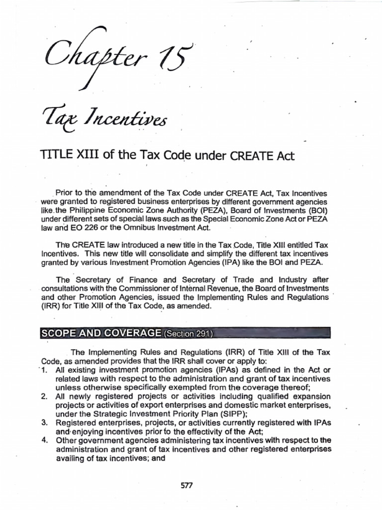 Chapter 15 - Tax Incentives Under Title XIII of The Tax Code As Amended by CREATE ACT | PDF