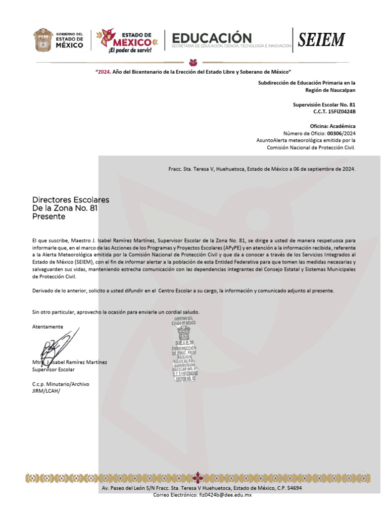 Oficio 00306 ALERTA METEOROLÓGICA | PDF