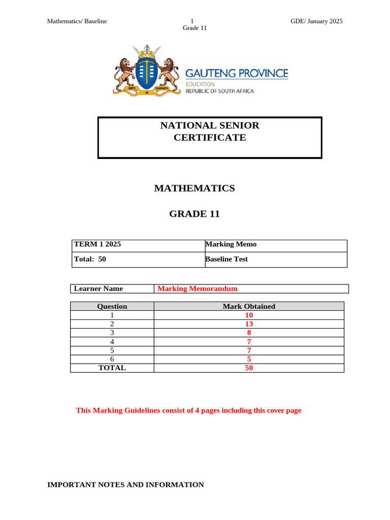 Memo 2025 Baseline Test Grade 11 Mathematics | PDF