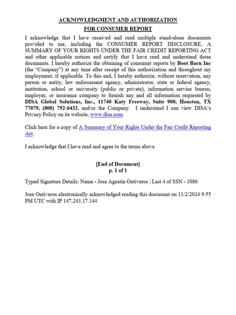 Acknowledgement and Authorization For Consumer Report | PDF