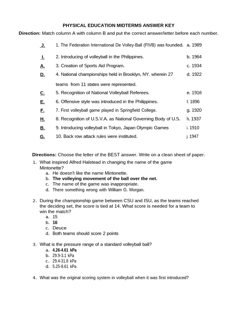 Physical Education Midterms Answer Key | PDF | Volleyball | Games Of Physical Skill