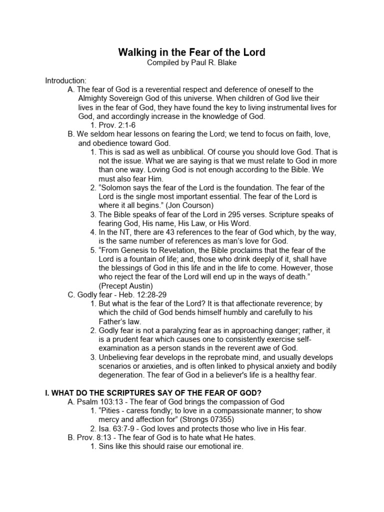 011622_AM_PRB_Walking_in_the_Fear_of_the_Lord_outline | PDF | God | Fear