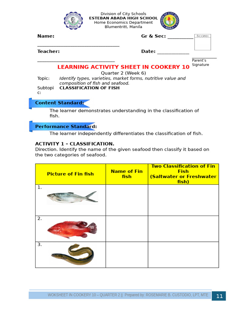 Worksheet 2.4 Cookery10 | PDF | Seafood | Shellfish