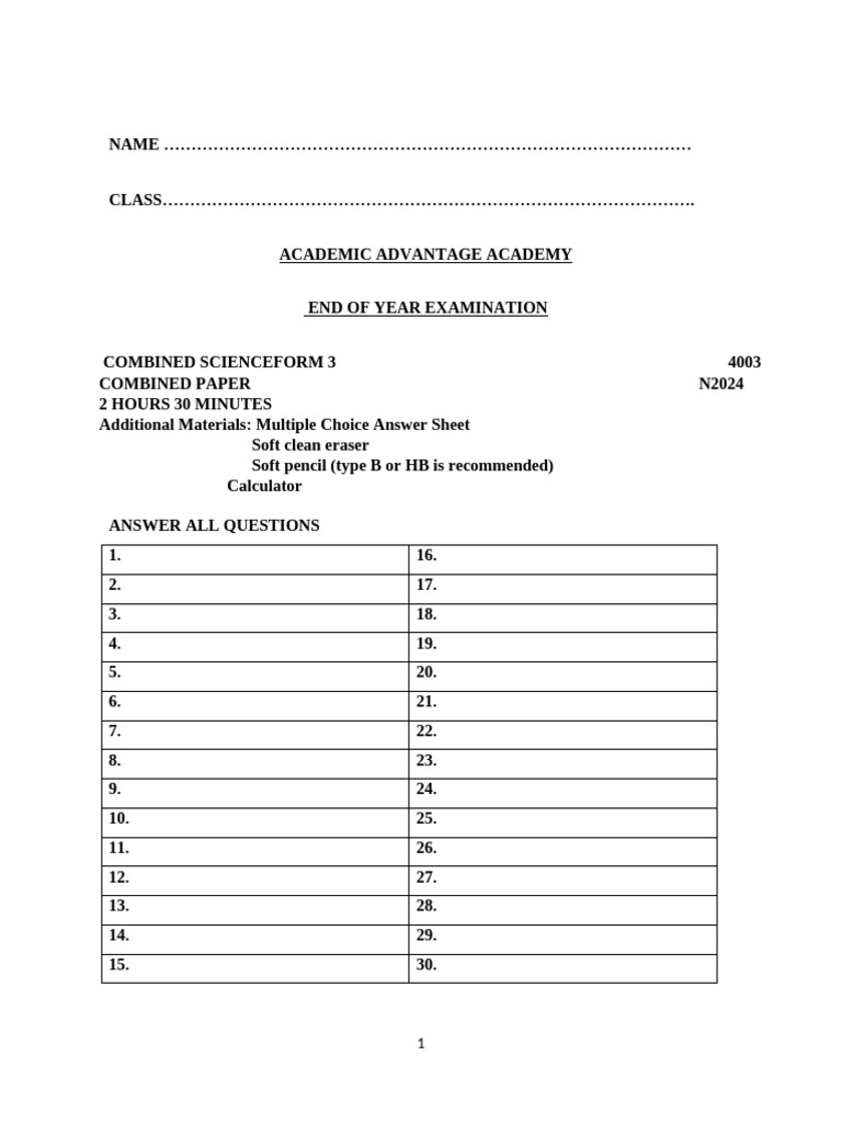 Combined Science Form 3 Exam Paper | PDF | Atoms | Force