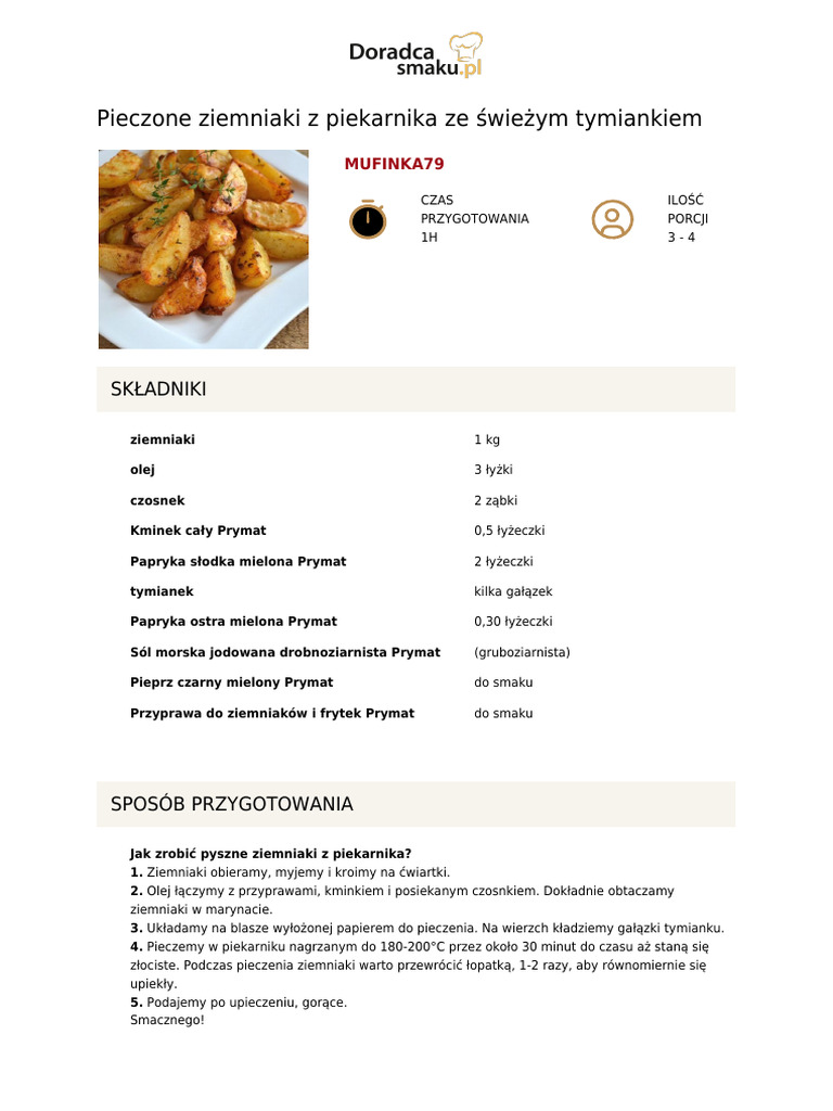 Pobierz Przepis PDF Pieczone Ziemniaki Z Piekarnika Ze Swiezym Tymiankiem 298432 | PDF