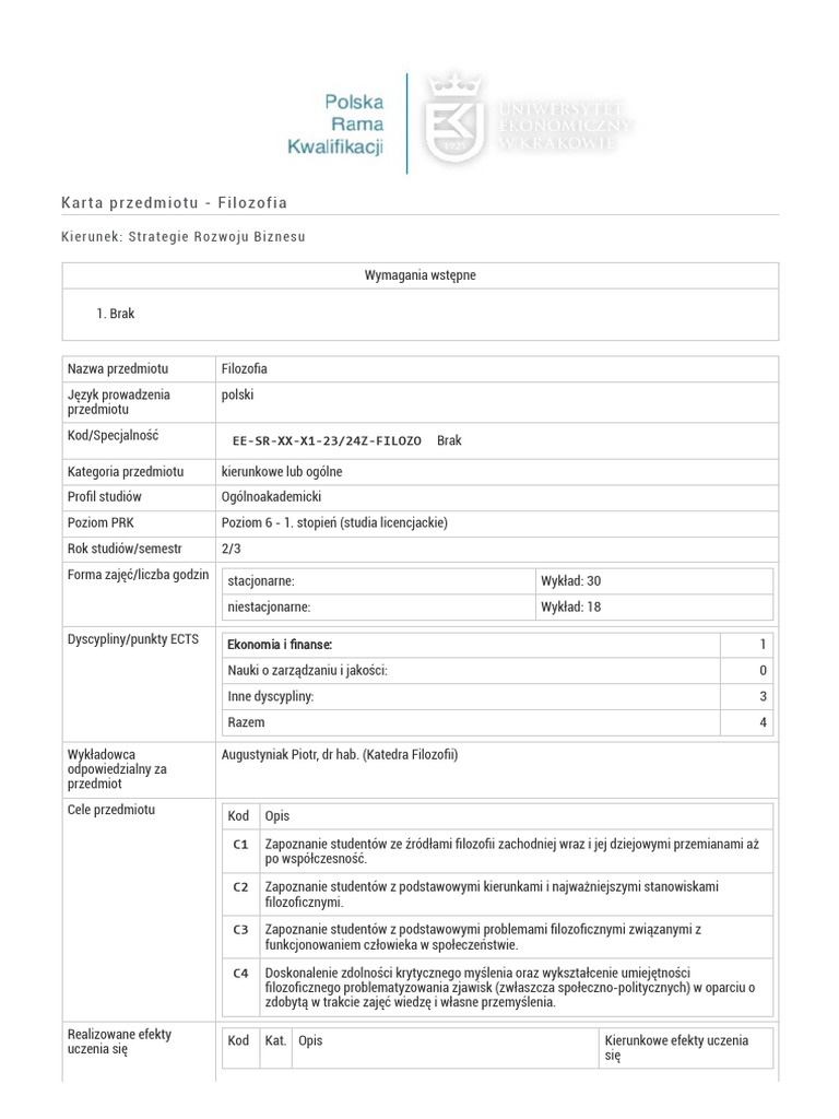 Karta Przedmiotu EE-SR-XX-X1-23-24Z-FILOZO | PDF