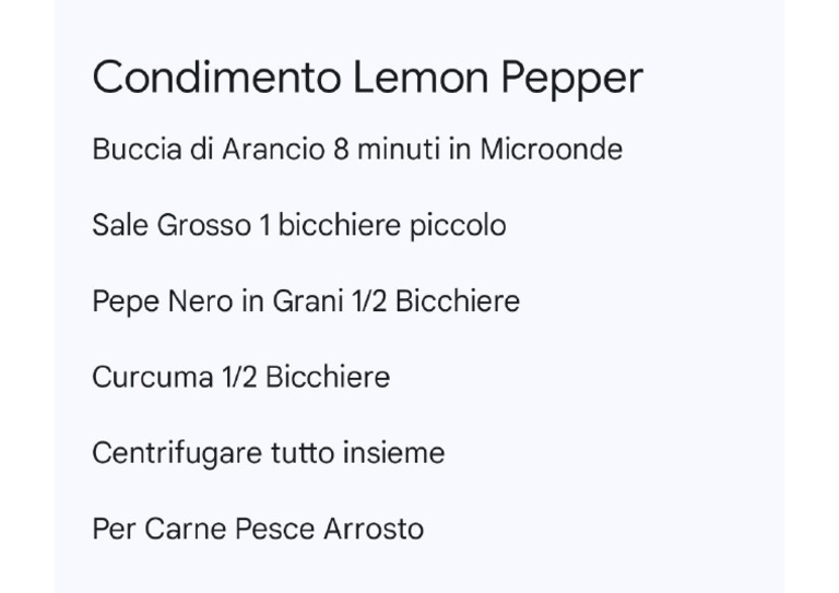Ricetta Condimento Lemon Pepper Per Carne e Pesce Arrosto | PDF
