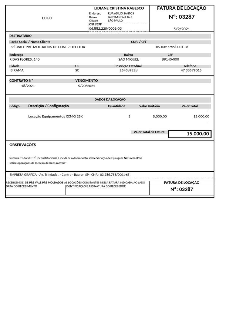 Modelo Fatura Locacao Editavel | PDF | Economias | Comércio
